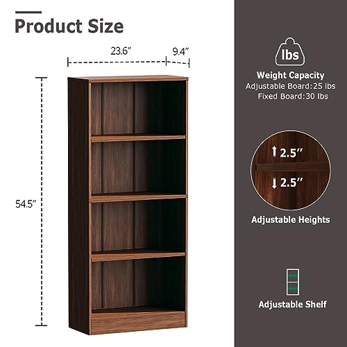 DIFY 4-Shelf Bookshelf, Wood Display Storage Shelves 54.5" Tall Bookcase Open Bookshelf for Home Office, Living Room and Bedroom, Walnut