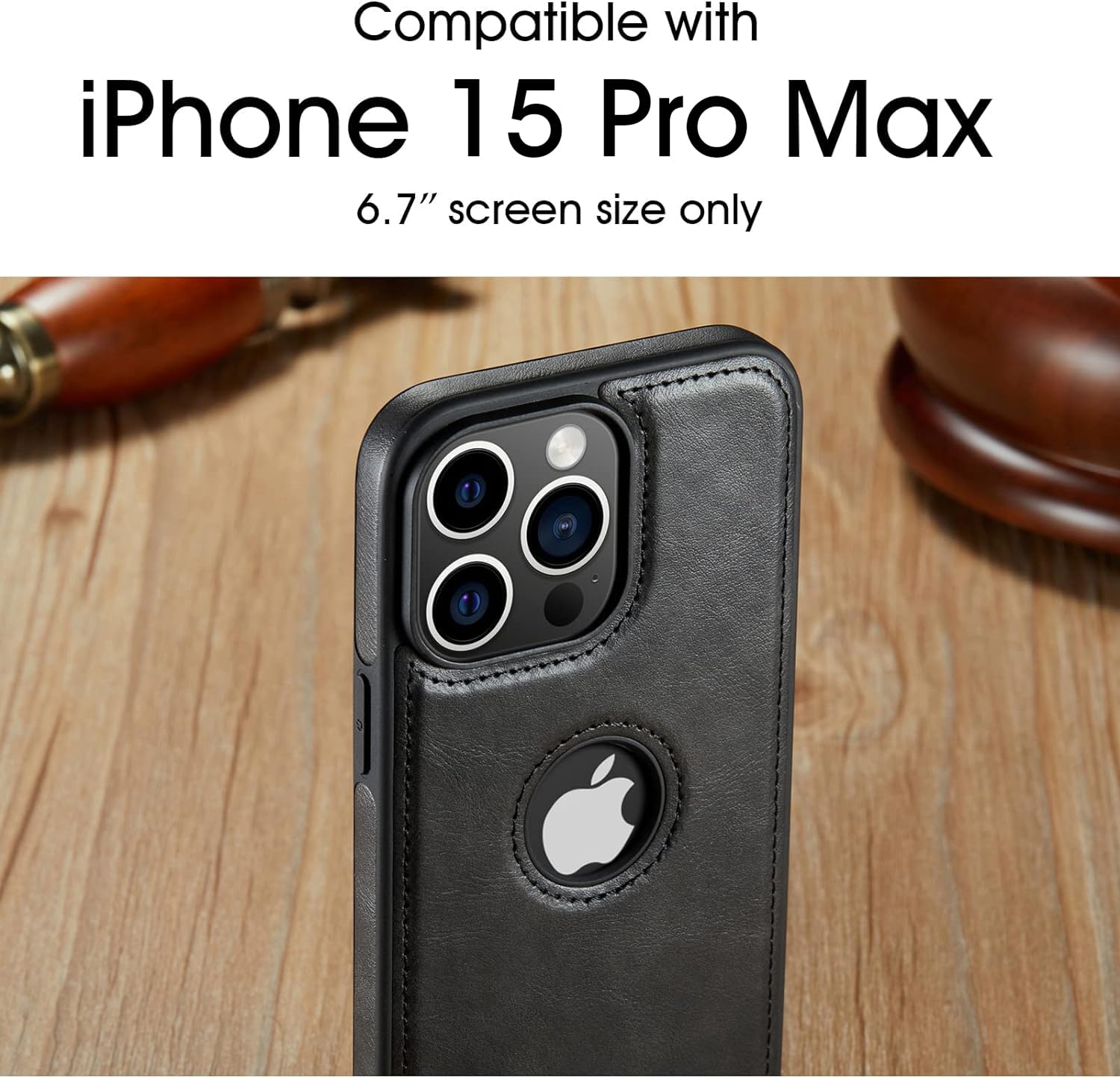Casus Designed for iPhone 15 Pro Max Case Vegan Leather Slim Logo View Classic Luxury Elegant Thin Protective Cover (2023) 6.7" (Black)