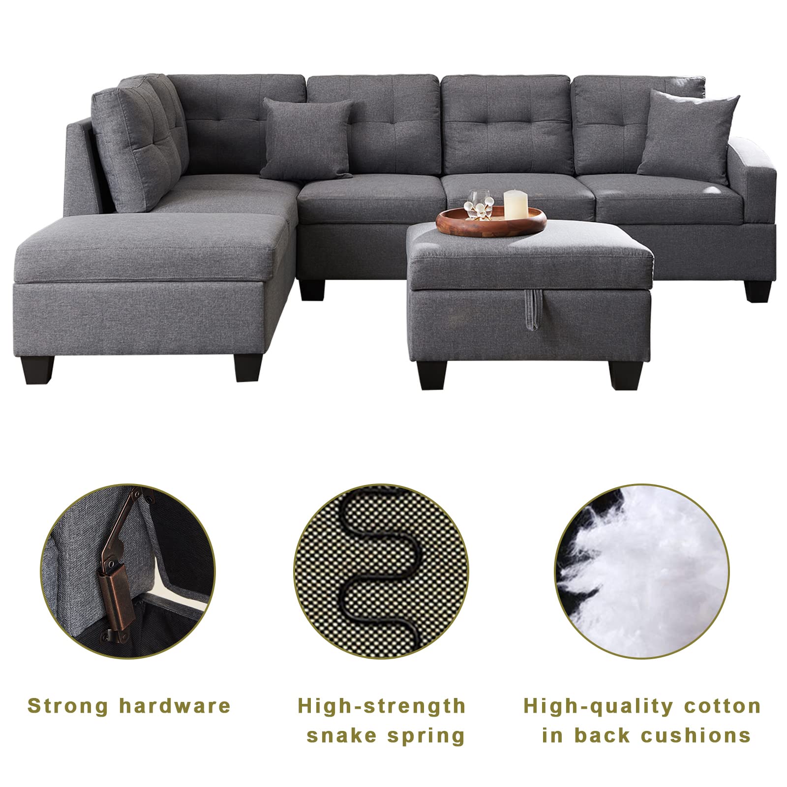 Unovivy Sectional Couches for Living Room, 109" L Shaped Upholstered Sofa with Chaise, Ottoman and Cup Holders, 3-Piece Fabric Furniture Sets, Suitable for Large Space & Apartment, Gray