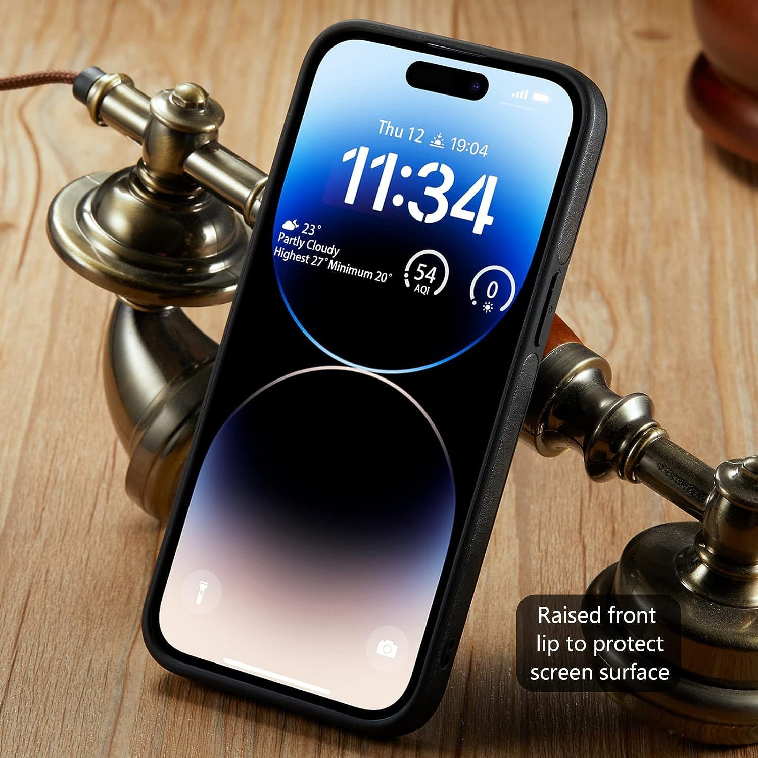 Casus Designed for iPhone 15 Pro Max Case Vegan Leather Slim Logo View Classic Luxury Elegant Thin Protective Cover (2023) 6.7" (Black)