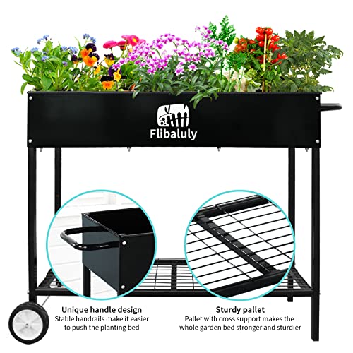 Flibaluly Raised Garden Bed with Wheels Metal Mobile Elevated Planter Box with Bottom Shelf for Storing Tools,for Vegetables Herbs Flowers(Black)