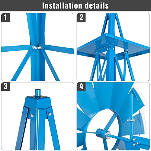 VINGLI Upgrade 8FT Ornamental Windmill Backyard Garden Decoration Weather Vane, Heavy Duty Metal Wind Mill w/ 4 Legs Design, Blue