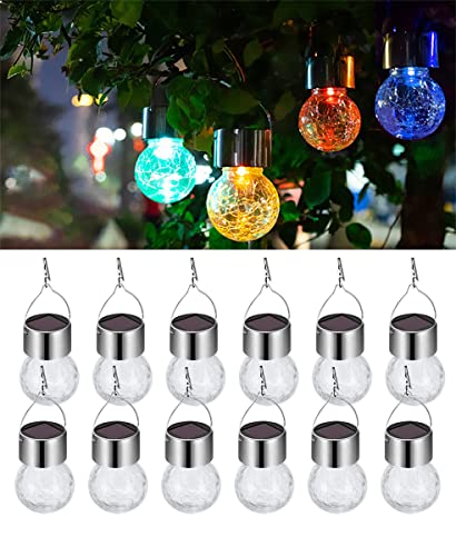 KIMI HOUSE 12 Pack Hanging Solar Powered LED Light with 10 Color Auto-Changing, Cracked Glass Ball Light, Waterproof Outdoor Christmas Decorative Lantern for Garden, Yard, Patio, Lawn