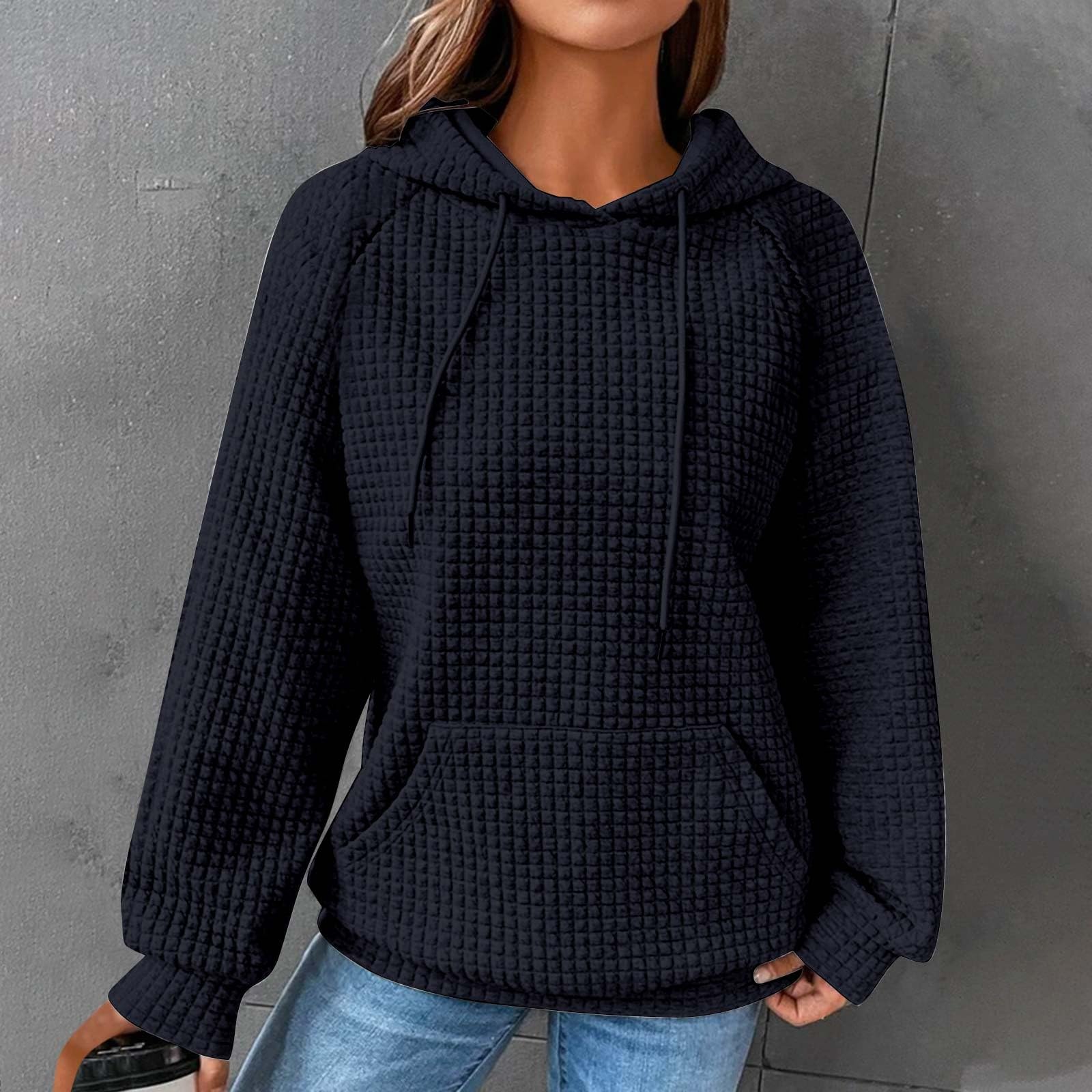 Ceboyel Women Waffle Knit Cute Hoodies Drawstring Pullover Sweatshirts Fashion Casual Sweaters Comfy Fall Clothes Outfits fall Outfits for Women for Work Navy Xl