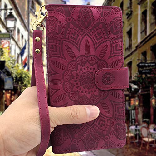 Harryshell Detachable Magnetic Zipper Wallet Leather Case with Cash Coin Pocket 12 Card Slots Holder Wrist Strap Lanyard Compatible with Google Pixel 6A 5G (2022) (Flower Wine Red)
