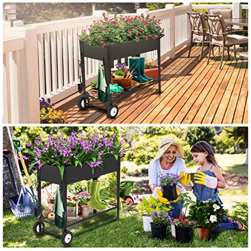 GARFANS Raised Garden Bed, Metal Raised Planter Box Outdoor with Legs, 2 Wheels and Shelf, Elevated Garden Bed Box for Vegetable Indoor Herb Flower Backyard Patio, 40" L x 16" W x 31.5" H
