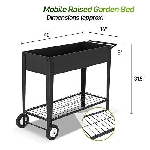 GARFANS Raised Garden Bed, Metal Raised Planter Box Outdoor with Legs, 2 Wheels and Shelf, Elevated Garden Bed Box for Vegetable Indoor Herb Flower Backyard Patio, 40" L x 16" W x 31.5" H