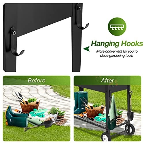 GARFANS Raised Garden Bed, Metal Raised Planter Box Outdoor with Legs, 2 Wheels and Shelf, Elevated Garden Bed Box for Vegetable Indoor Herb Flower Backyard Patio, 40" L x 16" W x 31.5" H