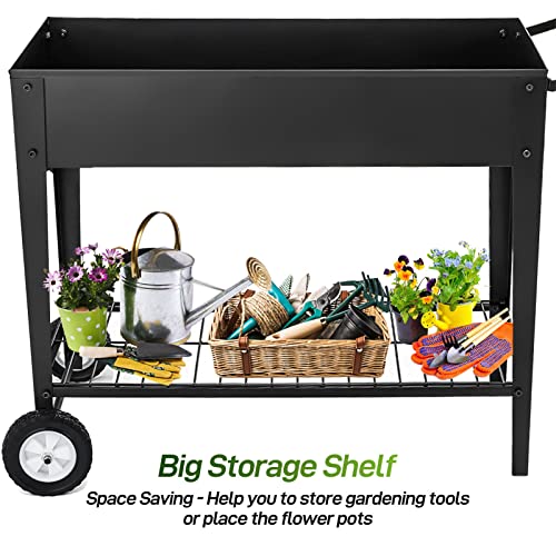 GARFANS Raised Garden Bed, Metal Raised Planter Box Outdoor with Legs, 2 Wheels and Shelf, Elevated Garden Bed Box for Vegetable Indoor Herb Flower Backyard Patio, 40" L x 16" W x 31.5" H