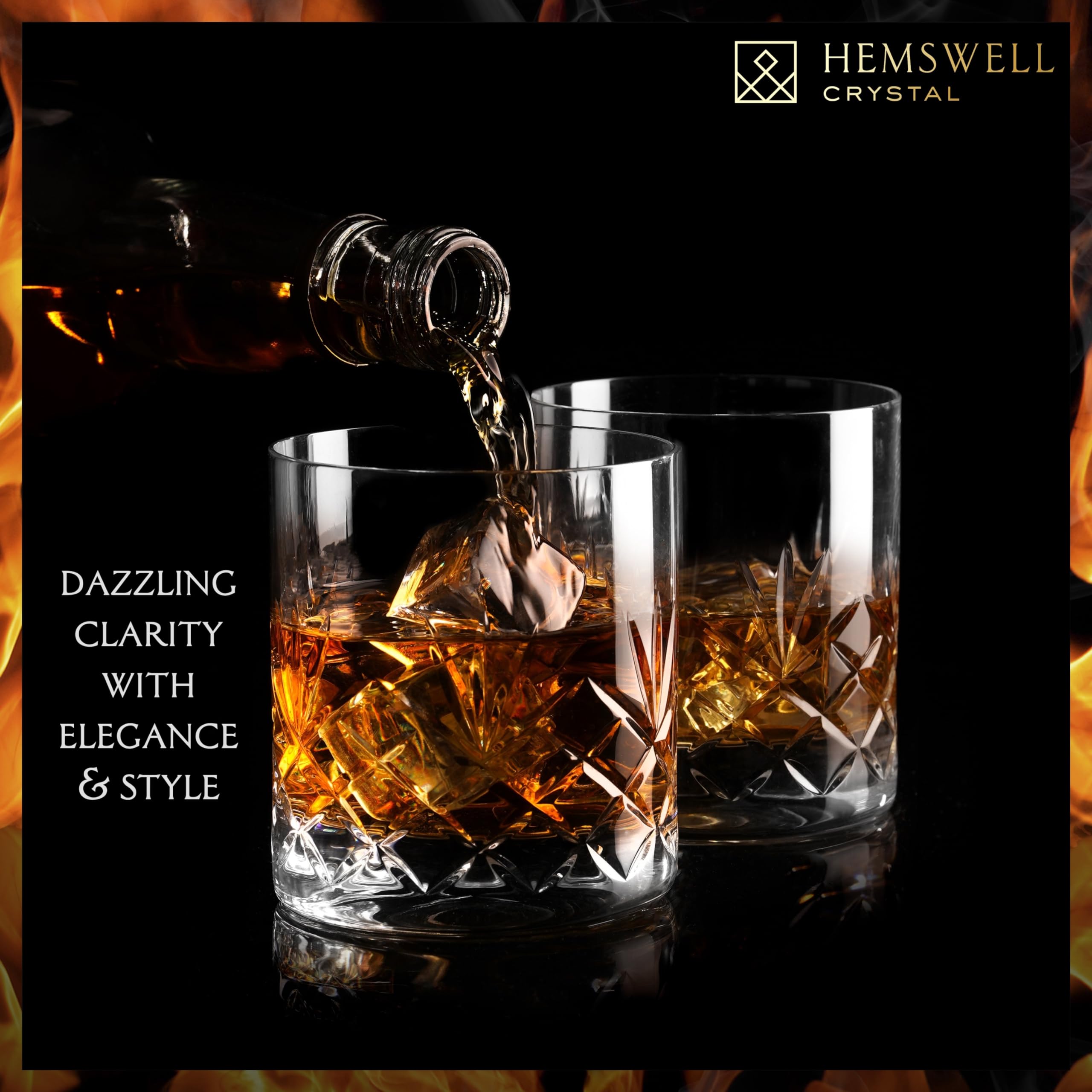 Hemswell Crystal Whiskey Glasses Set of 2 for Men - 11oz Crystal Rocks Bourbon Glasses - Old Fashioned Glass for Whisky - Satin Lined Box - Glenrigg