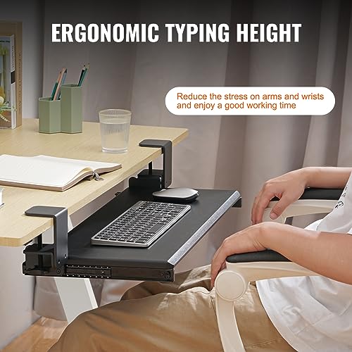 VEVOR Clamp on Keyboard Tray Under Desk, Desk Keyboard Tray Slide Out with Sturdy No-Drill C Clamp Mount, Large 26.8 x 11 inch Slide-Out Computer Drawer for Typing in Home, Office Work
