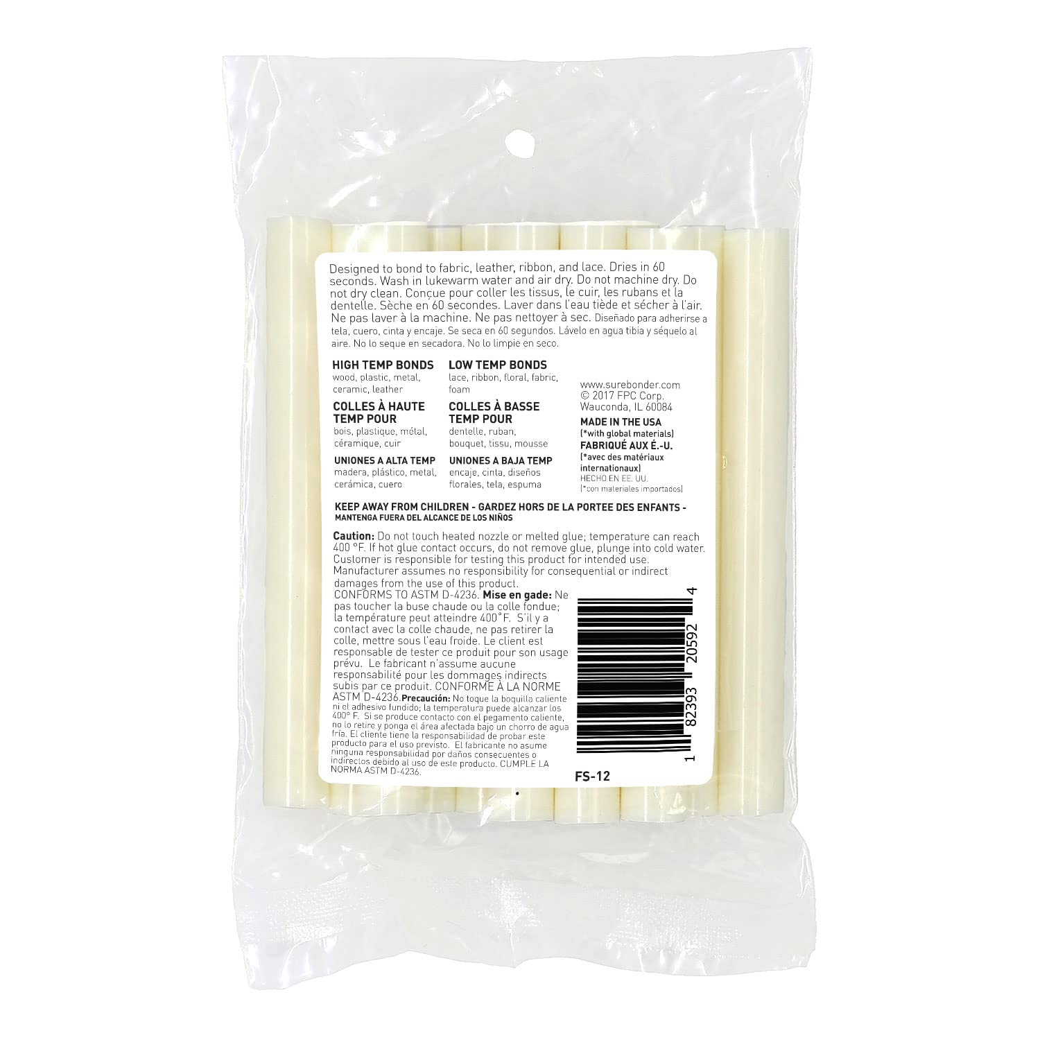 Surebonder FS-12 Fabric Hot Glue Sticks, Strong Bonding Fabric Glue, Machine Washable, Full Size 4-Inch Length - 12 Pack, - Made in USA , White