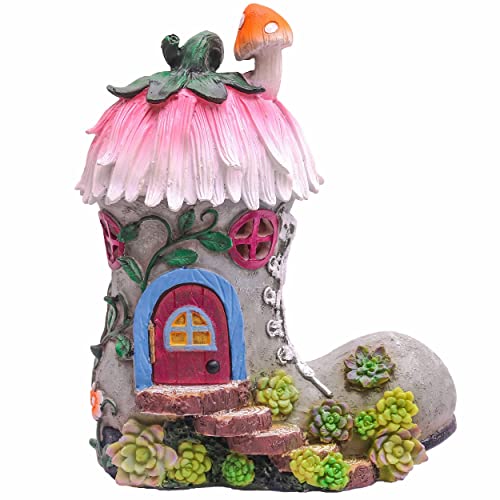 TERESA'S COLLECTIONS Boot Fairy House Garden Statues with Solar Light, Door Can Open Resin Fairy Garden Accessories Outdoor Cottage Figurines Lawn Ornaments for Outside Patio Yard Decorations, 8.8"