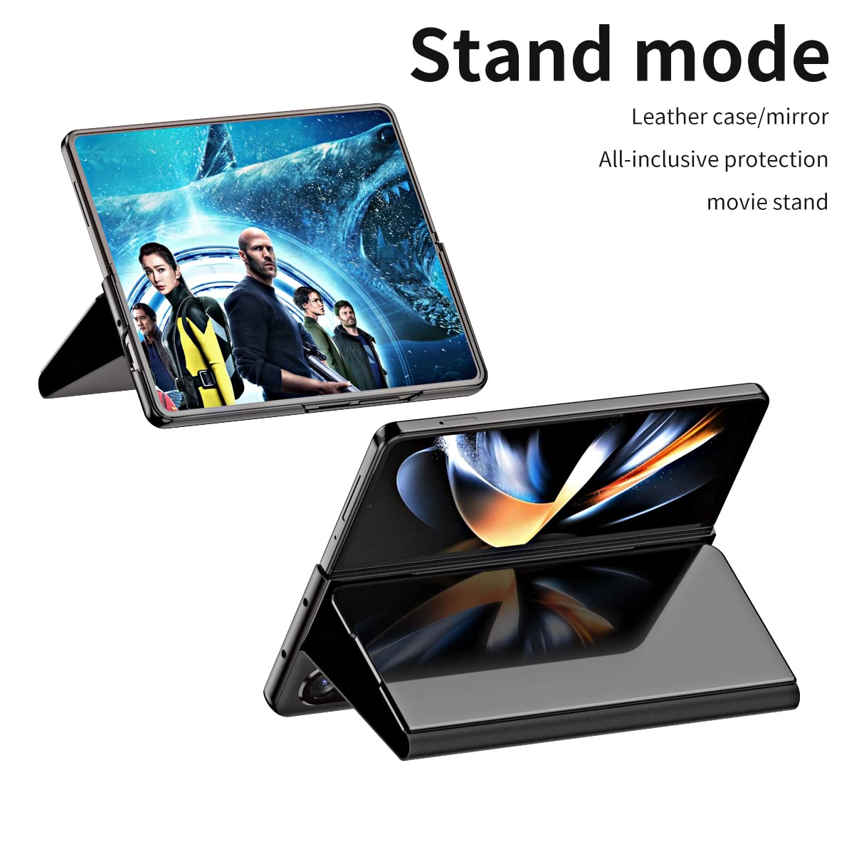 LCHDA Flip Folio Case for Samsung Galaxy Z Fold 5 5G, Noble Smart Clear View Makeup Mirror Plating Hard PC Vertical Kickstand Slim Fit PU Leather Full Body Protective Cover - Black