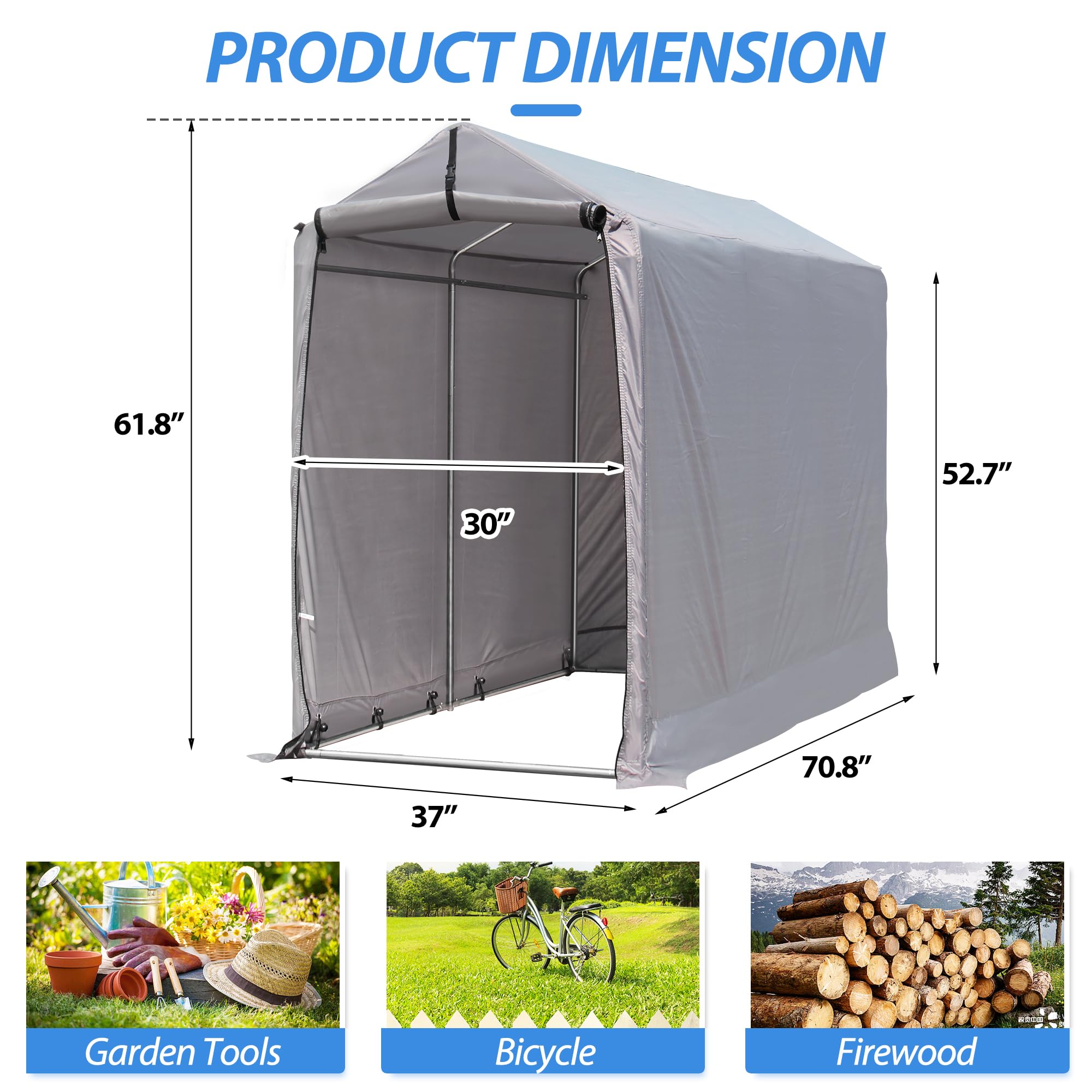 Raysfung 6 x 3Ft Outdoor Storage Shed Heavy Duty Portable Storage Shelter with Roll-up Zipper Door for Bike