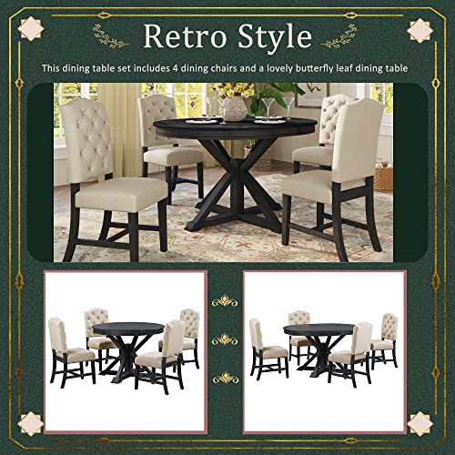 WOZNLA 5-Piece Retro Style Extendable Round Dining Table Set with 4 Upholstered Chairs - Perfect for Kitchen and Living Room - Vintage Elegance for Your Home