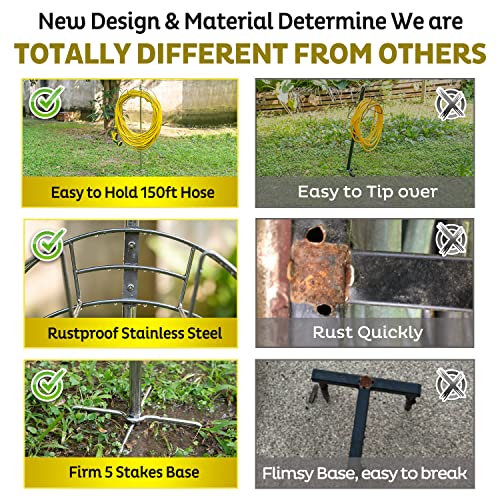 Stainless Steel Garden Hose Holder, SOLIGT Heavy Duty Freestanding Hose Stand, Rustproof Water Hose Holders for Outside Yard - Sturdy to Hold 150ft Hoses