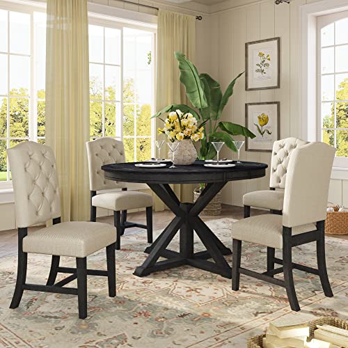 WOZNLA 5-Piece Retro Style Extendable Round Dining Table Set with 4 Upholstered Chairs - Perfect for Kitchen and Living Room - Vintage Elegance for Your Home
