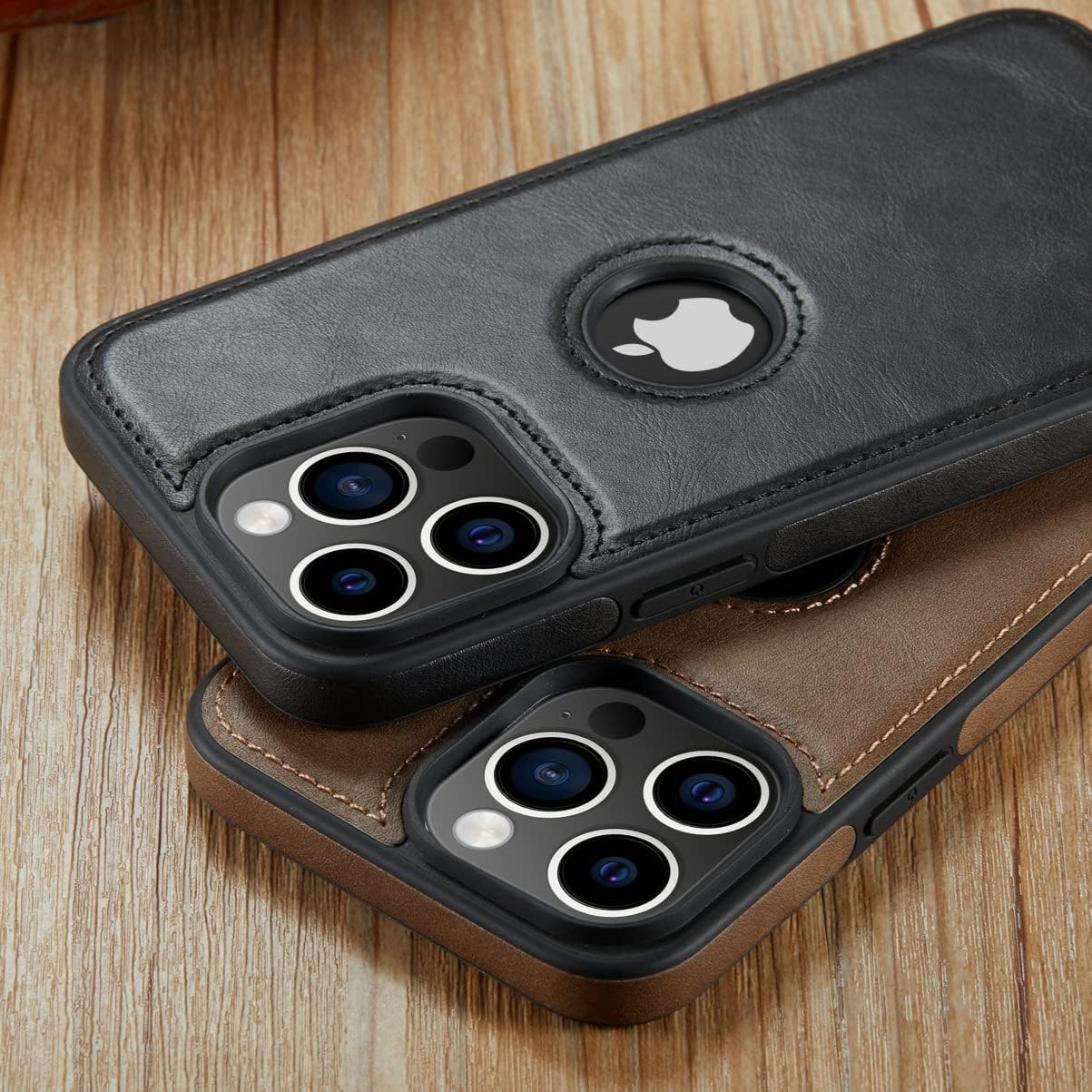 Casus Designed for iPhone 15 Pro Max Case Vegan Leather Slim Logo View Classic Luxury Elegant Thin Protective Cover (2023) 6.7" (Black)