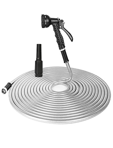 Stainless Steel Metal Garden Hose - 75FT with 2 Nozzles, Lightweight, Heavy Duty, High Pressure, Flexible, Tangle Free & Kink Free Cool to Touch, Outdoor Yard Hose