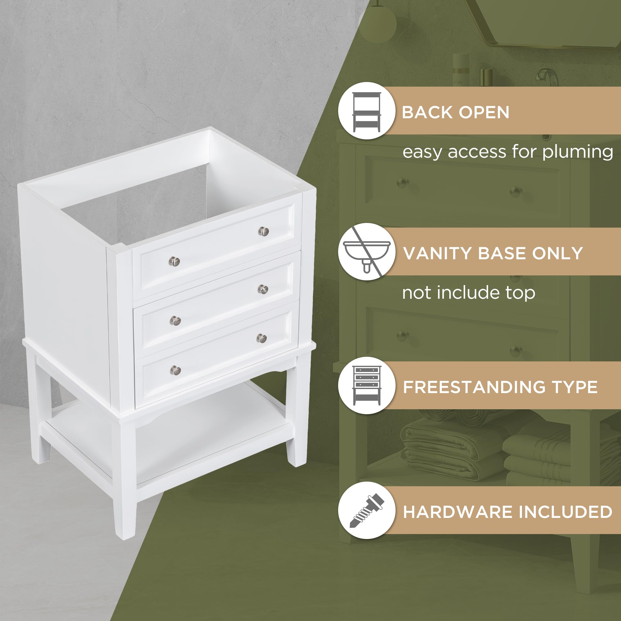 LZ LEISURE ZONE 24" Bathroom Vanity Without Sink, Base Only, Solid Wood Frame, Bathroom Storage Cabinet with Drawer and Open Shelf, White