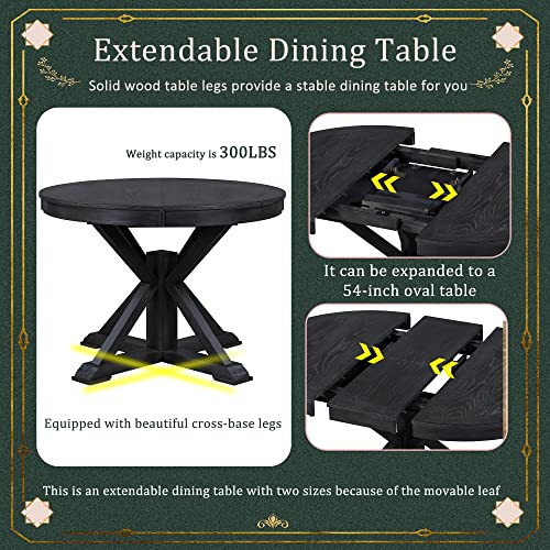 WOZNLA 5-Piece Retro Style Extendable Round Dining Table Set with 4 Upholstered Chairs - Perfect for Kitchen and Living Room - Vintage Elegance for Your Home