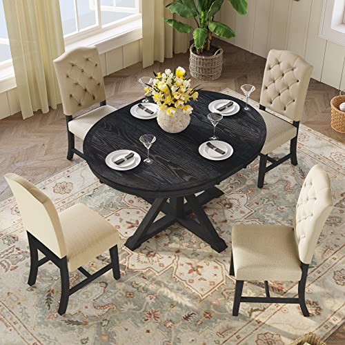 WOZNLA 5-Piece Retro Style Extendable Round Dining Table Set with 4 Upholstered Chairs - Perfect for Kitchen and Living Room - Vintage Elegance for Your Home