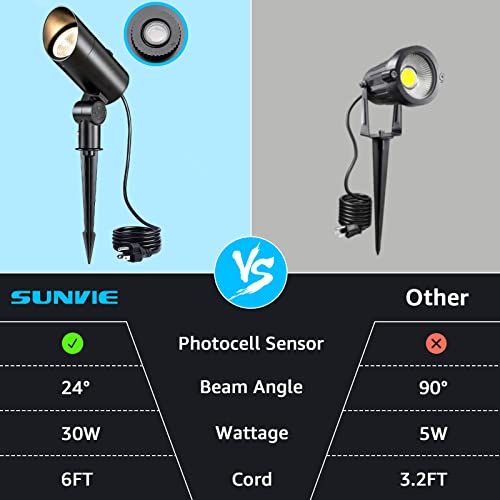 SUNVIE 30W Spot Lights Outdoor 120V Dusk to Dawn Outdoor LED Spotlight Plug in with Photocell Sensor 3000K Waterproof Bright Flag Pole Light for Yard Tree Garden Landscape Lighting with Stake 6FT Cord