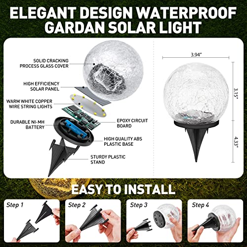 Garden Solar Lights Cracked Glass Ball Waterproof LED for Outdoor Decor Decorations Pathway Patio Yard Lawn, Warm White 2 Globe (3.9β)