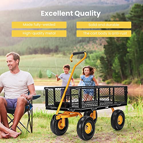 VIVOHOME Heavy Duty 880 Lbs Capacity Mesh Steel Garden Cart Folding Utility Wagon with Removable Sides and 4.10/3.50-4 inch Wheels (Black)