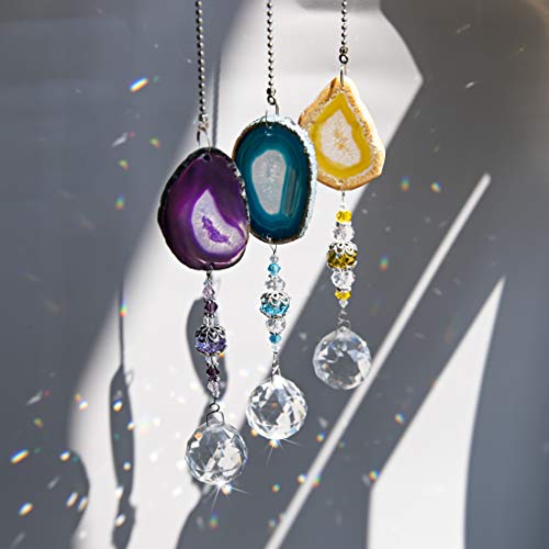 H&D HYALINE & DORA Pack 3pcs Suncatcher Hanging 30mm Crystal Ball with Agate Slices Wind Chimes Ornaments Decor for Window Home Garden