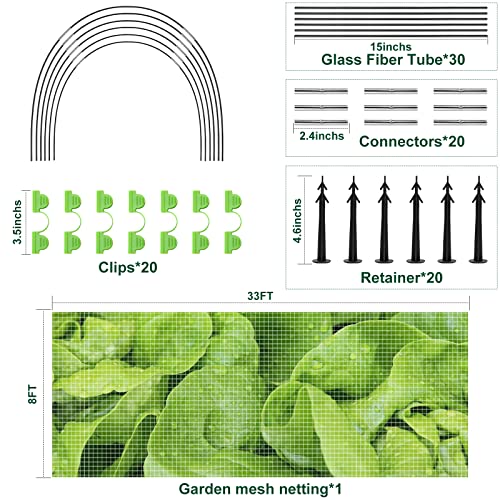 WADEO Garden Netting Kit, Greenhouse Covers 8X33Ft Bird Netting for Garden Protection for Raised Beds Vegetable, Including Finest Mesh Netting, Rust-Free Fiberglass Support Hoops Frame
