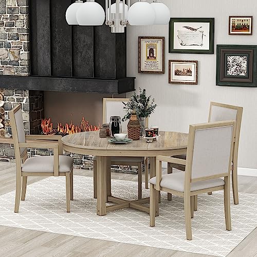 WOZNLA 5-Piece Dining Table Set - Round to Oval Extendable Butterfly Leaf Wood Table with 4 Upholstered Dining Chairs with Armrests - Ideal for Kitchen and Family Gatherings