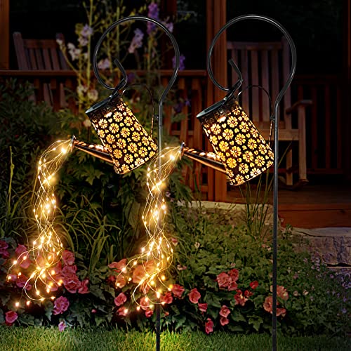 Solar Lights Outdoor Waterproof, Solar Watering Can Lights Garden Decor, Retro Metal Hanging Solar Lantern with String Lights, Outdoor Decorations for Porch Lawn Driveway Backyard Pathway(2 Pack)