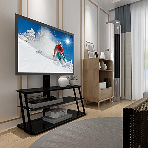 Swivel Floor TV Stand Height Adjustable Bracket Entertainment Stand for 32 to 65 inch TV | 3-Tier BlackTempered Glass Multi-Function TV Stand (New Black)
