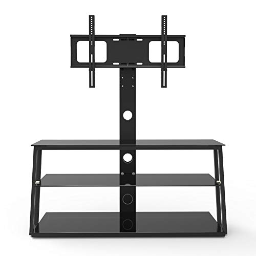 Swivel Floor TV Stand Height Adjustable Bracket Entertainment Stand for 32 to 65 inch TV | 3-Tier BlackTempered Glass Multi-Function TV Stand (New Black)