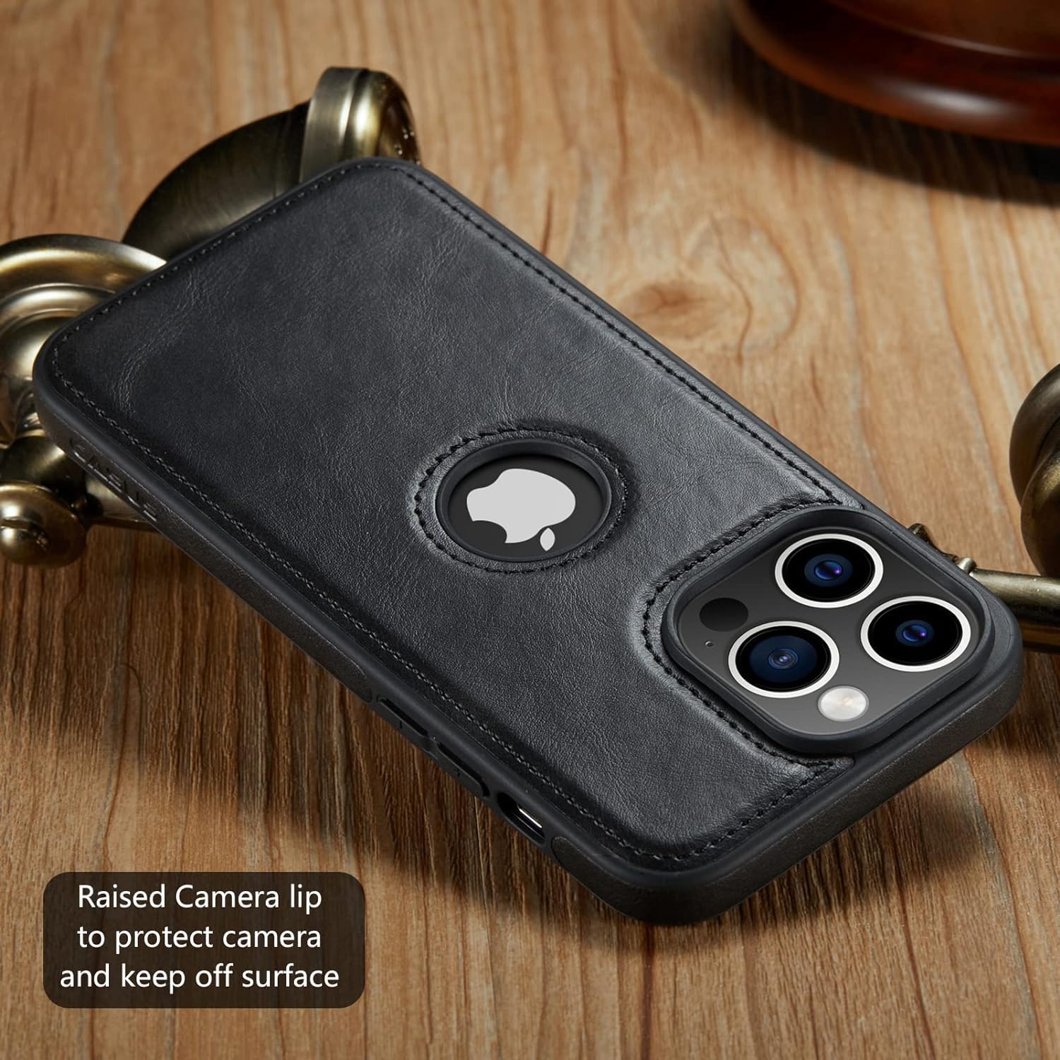 Casus Designed for iPhone 15 Pro Max Case Vegan Leather Slim Logo View Classic Luxury Elegant Thin Protective Cover (2023) 6.7" (Black)