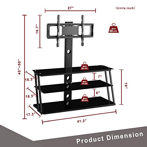 Swivel Floor TV Stand Height Adjustable Bracket Entertainment Stand for 32 to 65 inch TV | 3-Tier BlackTempered Glass Multi-Function TV Stand (New Black)