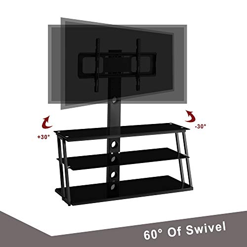 Swivel Floor TV Stand Height Adjustable Bracket Entertainment Stand for 32 to 65 inch TV | 3-Tier BlackTempered Glass Multi-Function TV Stand (New Black)