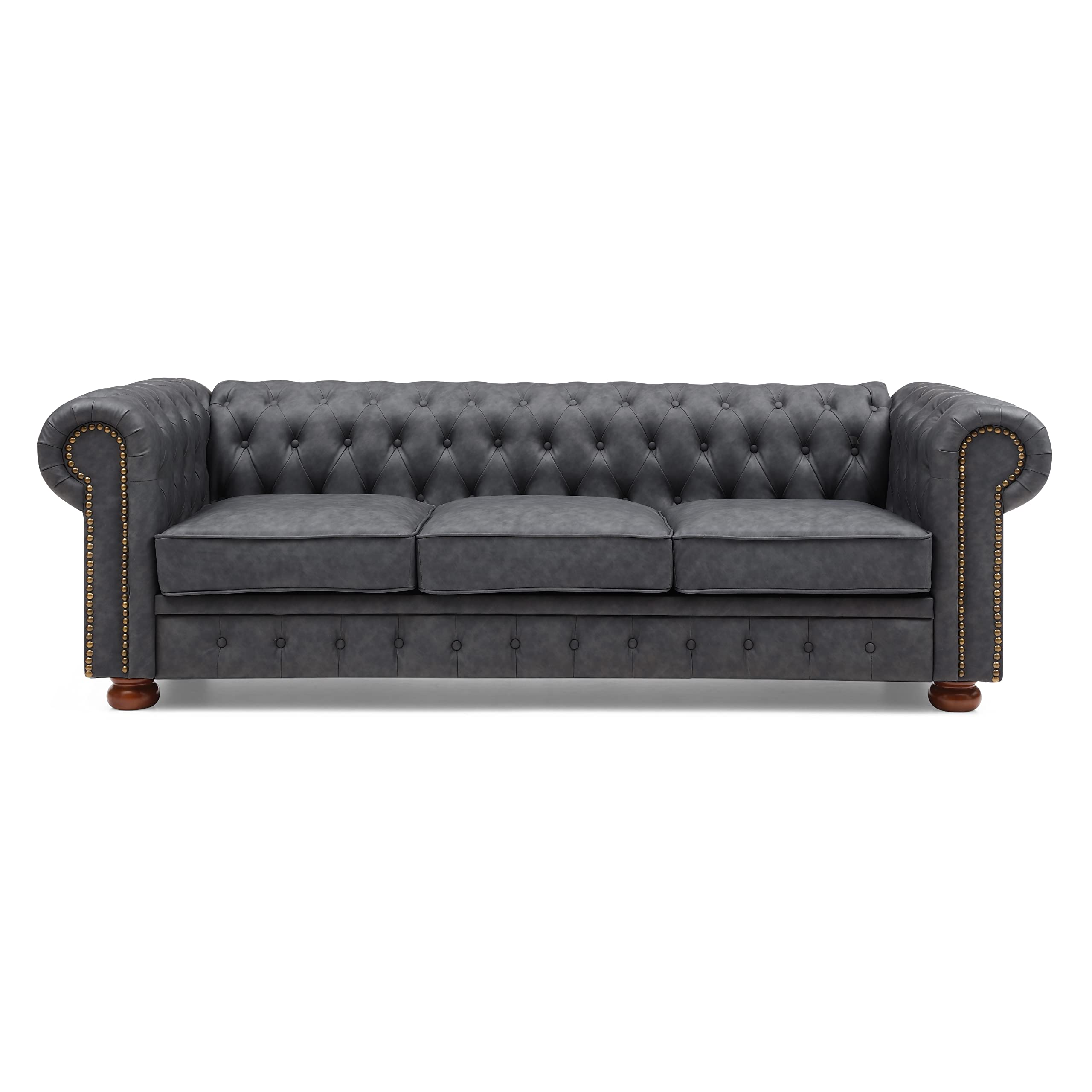 YuiHome Classic Chesterfield Sofa Leather, Modern PU Tufted Couch 3 Seater with Rolled Arms and Nailhead for Living Room, Bedroom, Office, Apartment,Dark Grey