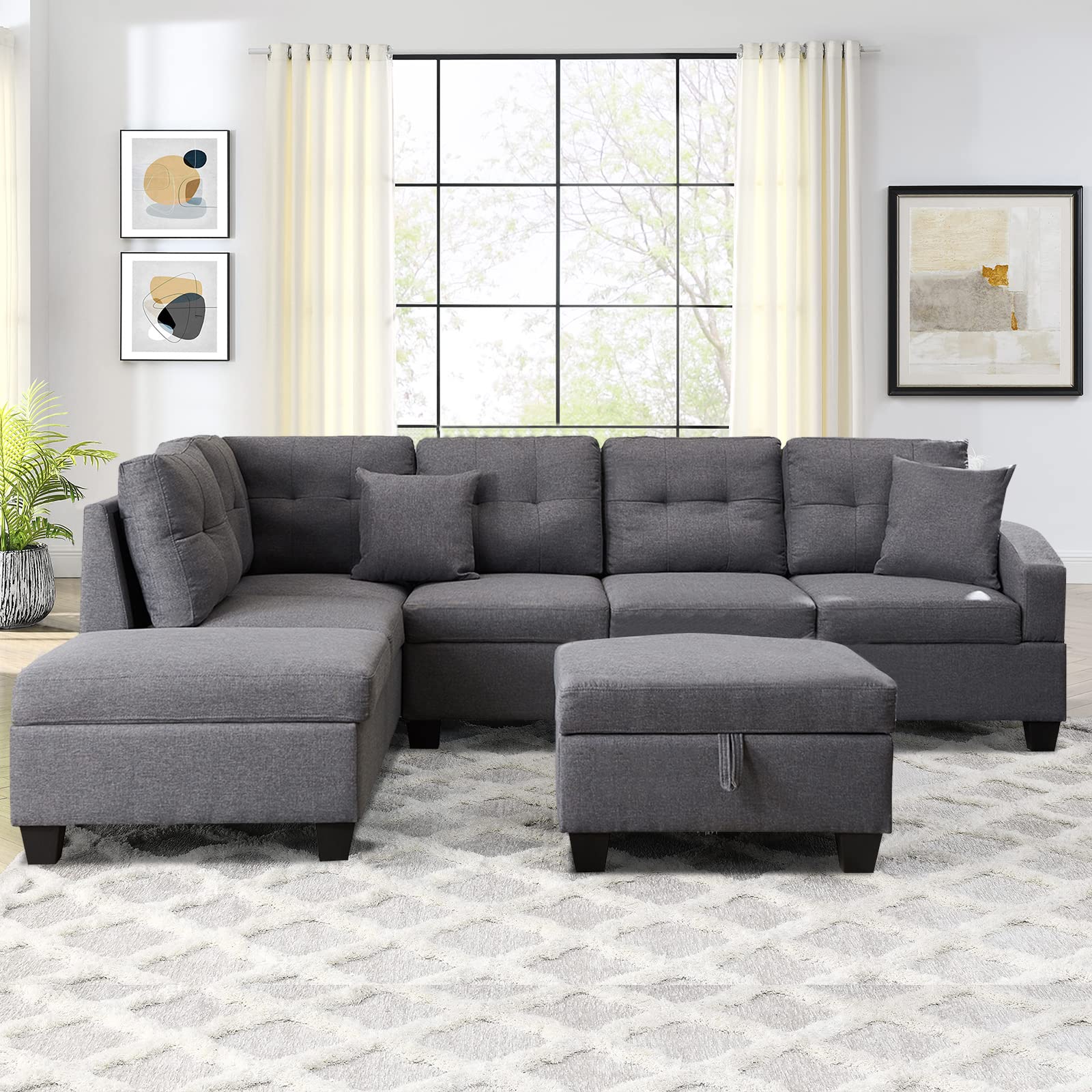 Unovivy Sectional Couches for Living Room, 109" L Shaped Upholstered Sofa with Chaise, Ottoman and Cup Holders, 3-Piece Fabric Furniture Sets, Suitable for Large Space & Apartment, Gray