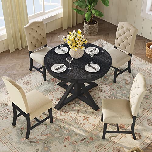 WOZNLA 5-Piece Retro Style Extendable Round Dining Table Set with 4 Upholstered Chairs - Classic Elegance for Your Dining Space