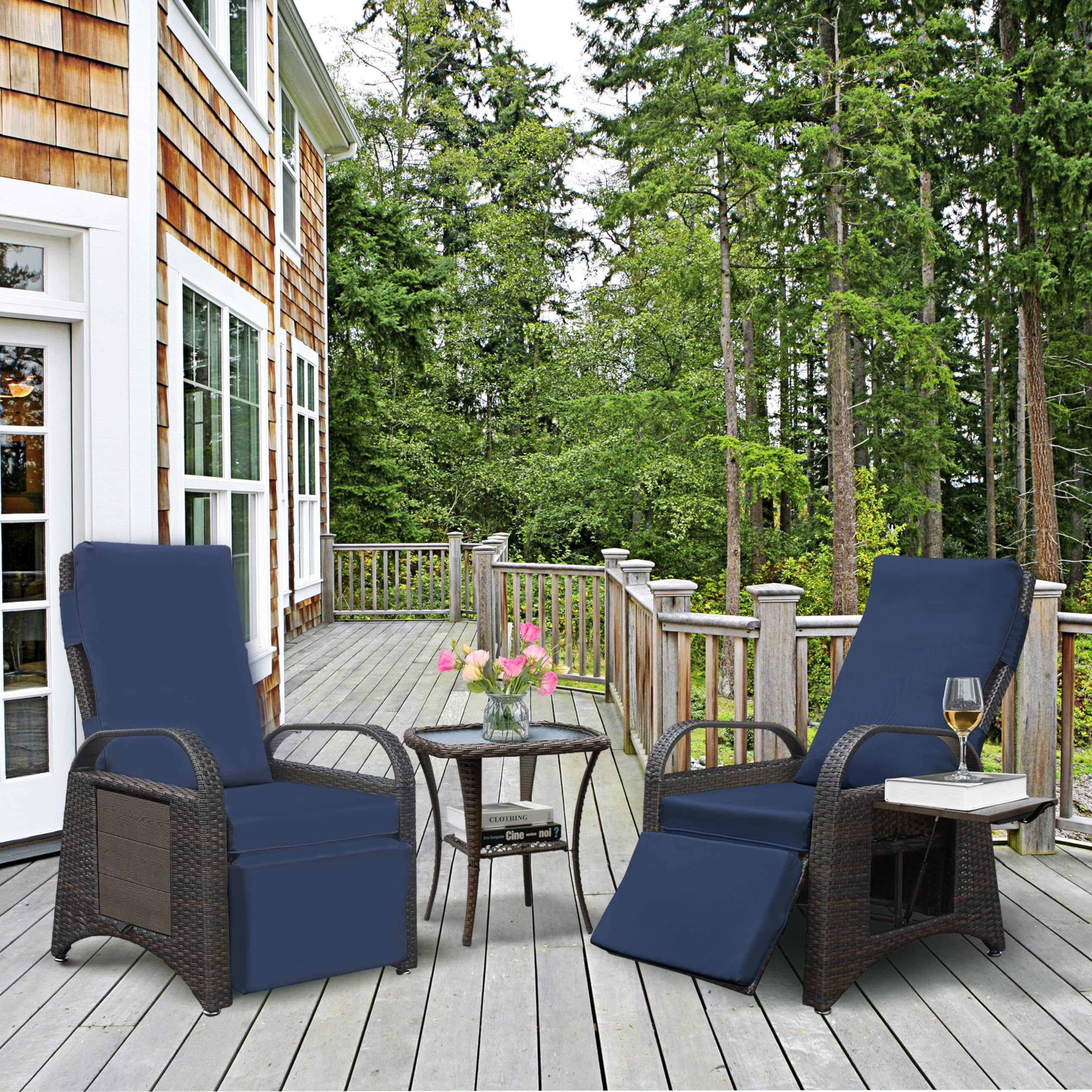 ATR ART TO REAL Outdoor Recliner Bistro Set of 3, All-Weather PE Wicker Patio Reclining Lounge Chair with Side Table (Set of 3 - Navy Blue)