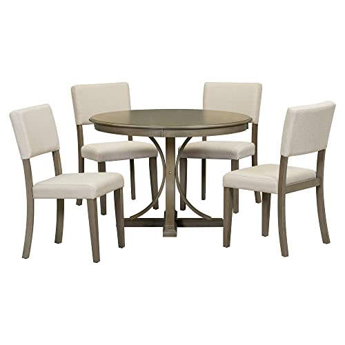 Dinehome 5-Piece Wooden Round Kitchen Dining Table Set with Curved Trestle Style Legs and 4 Upholstered Chairs, Taupe