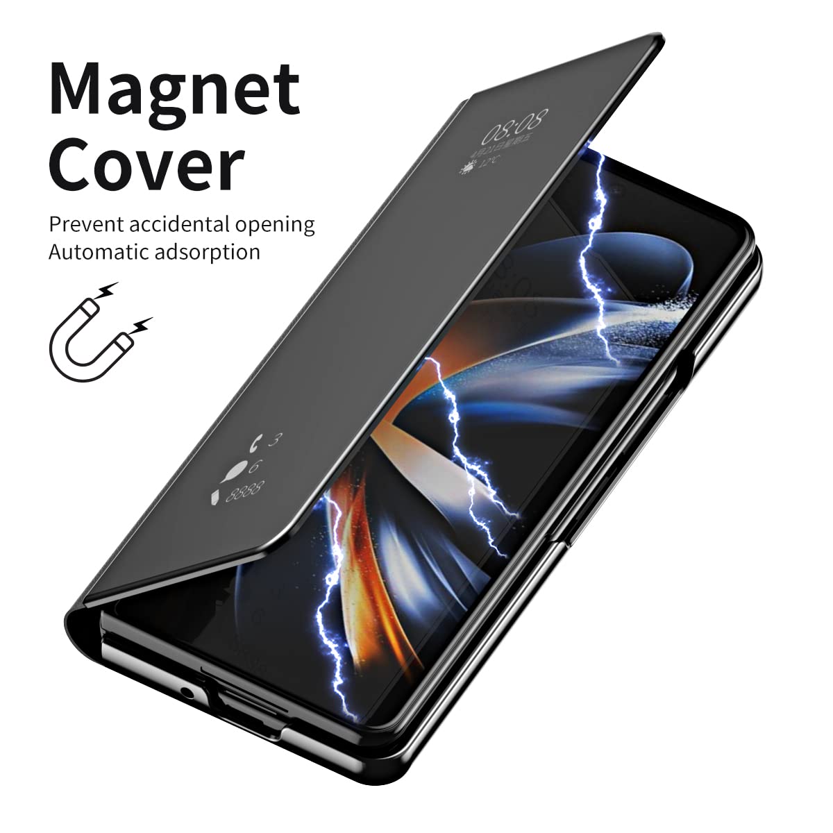 LCHDA Flip Folio Case for Samsung Galaxy Z Fold 5 5G, Noble Smart Clear View Makeup Mirror Plating Hard PC Vertical Kickstand Slim Fit PU Leather Full Body Protective Cover - Black