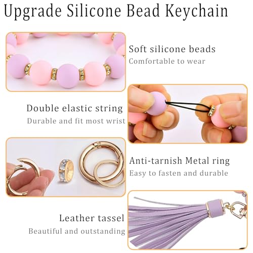 Cloud pie Keychain Wristlet for Women Girls, Silicone Car Key Rings with Zircon & Tassel Bangle Card Holder