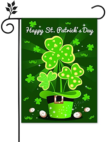 St Patricks Day Garden Flag, 12.5 x 18 inch Green Hat/Shamrock St Patrick's Day Garden Flag Decorative, Double Sided Printing Green Parade Holiday Outside Décor for Yard Farmhouse
