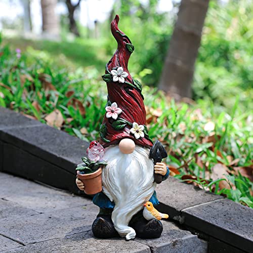 grinshin Outdoor Garden Gnome Statue,Resin Gnome Figurine with Solar Led Lights, Outside Decor for Patio Yard Lawn Porch Decorations, Ornament Gifts (Blue Statue)