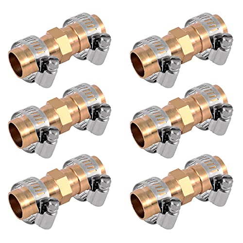 6 Pack Brass Garden Hose Connector with Stainless Steel Clamps, Garden Hose Repair Kit, Garden Hose Fittings (5/8 Inch)