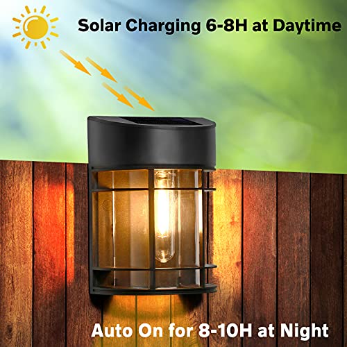Mancra Solar Fence Lights Outdoor, 6 Pack Solar Wall Lights LED Tungsten Filament Bulb Solar Deck Lights Waterproof Patio Decor for Outdoor Porch Backyard Yard Garden, 3000K